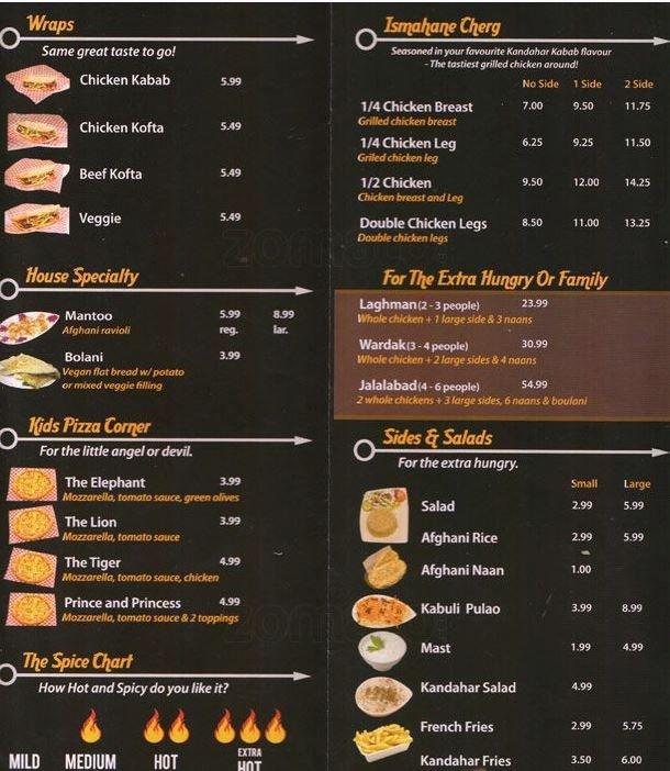 Menu at Kandahar Kabab restaurant, Toronto, 45 Overlea Blvd #180