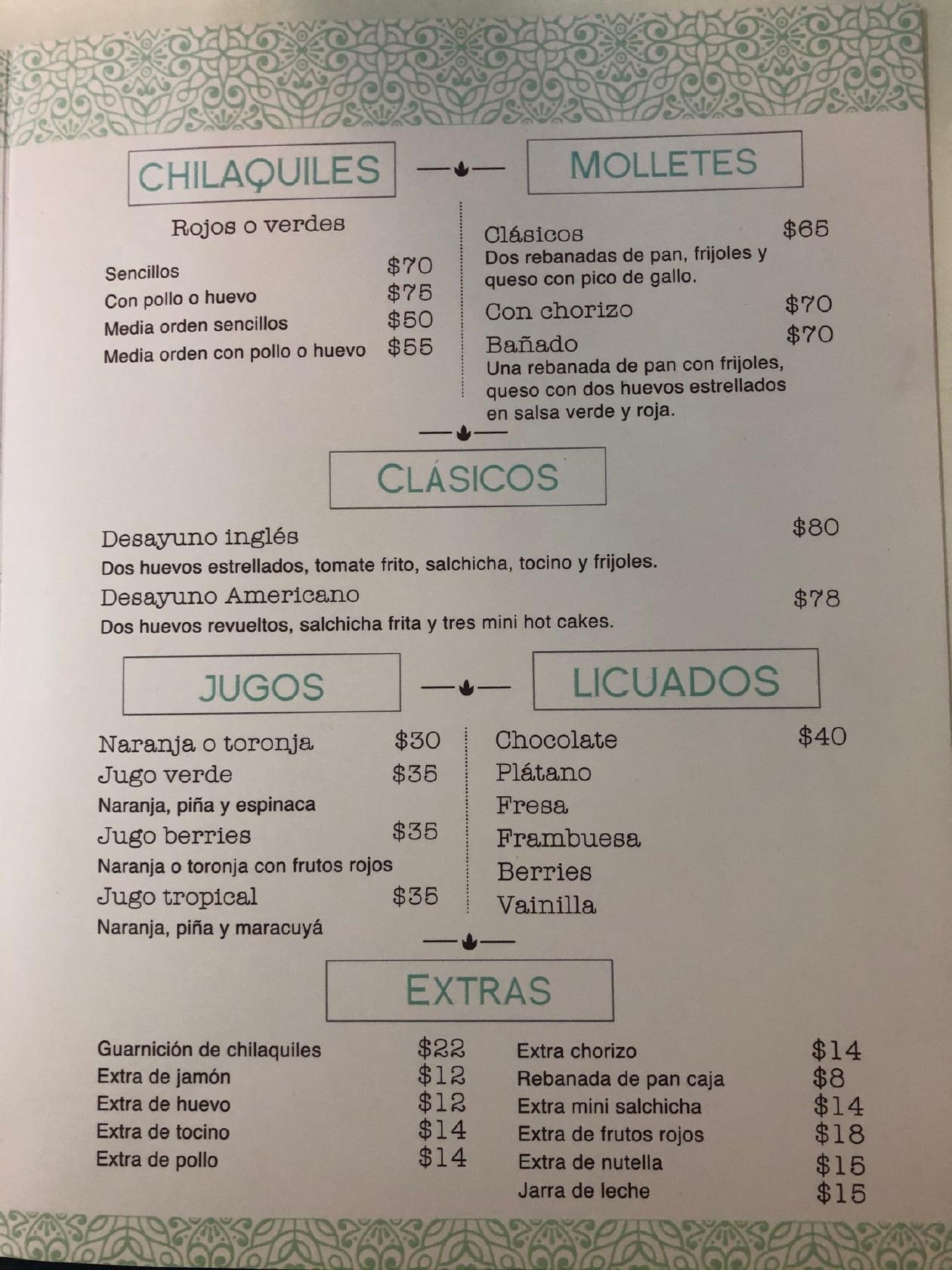Menu at Mademoiselle Café, Zapopan