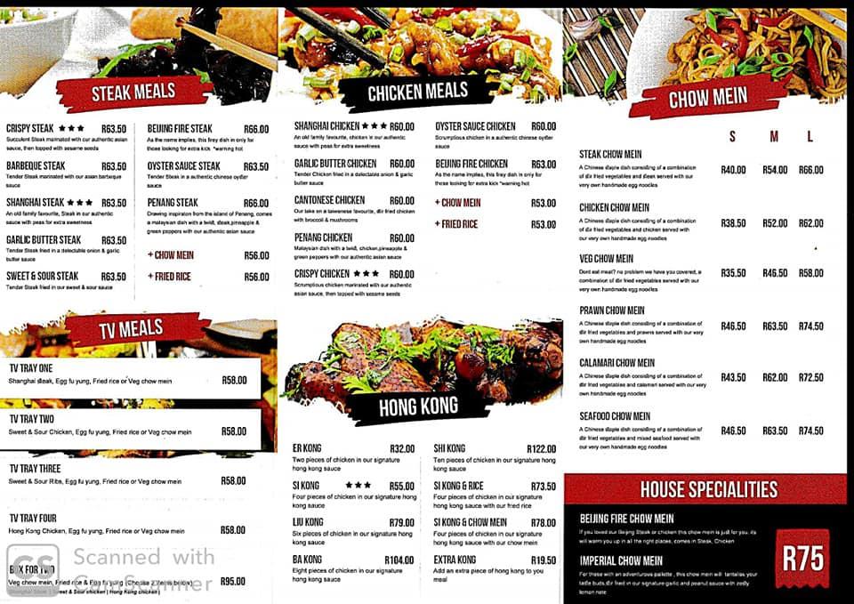 Menu at Mr Chows restaurant, Port Elizabeth, Shop 114