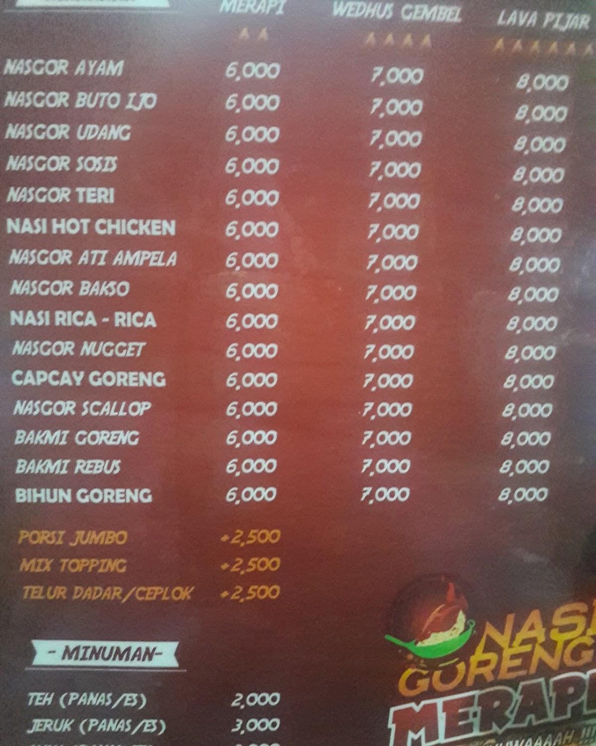 Menu at Nasi Goreng Merapi restaurant, Sendangadi, Jalan Monjali no82 ...