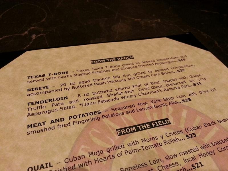 Menu at The Pecan Grill steakhouse, Lubbock