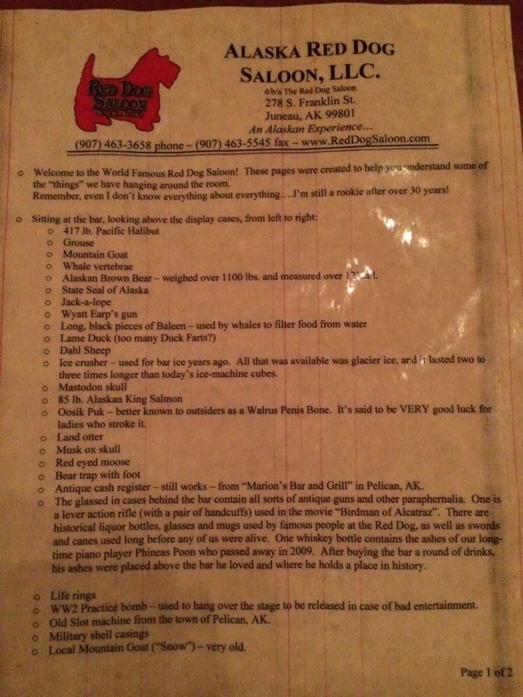 Menu at Red Dog Saloon pub & bar, Juneau