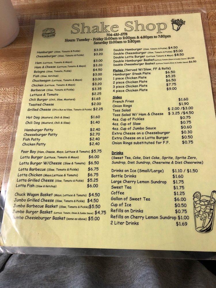 Menu at Shake Shop restaurant, Cherryville