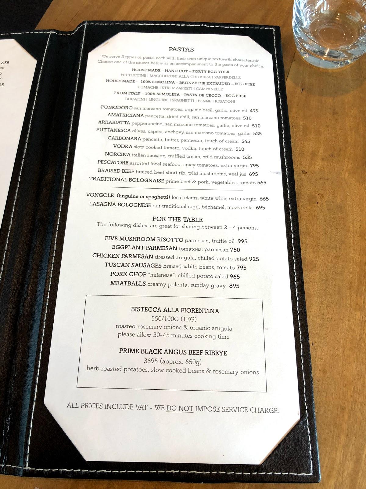Menu at Tavolata restaurant, Cebu City, ayala center