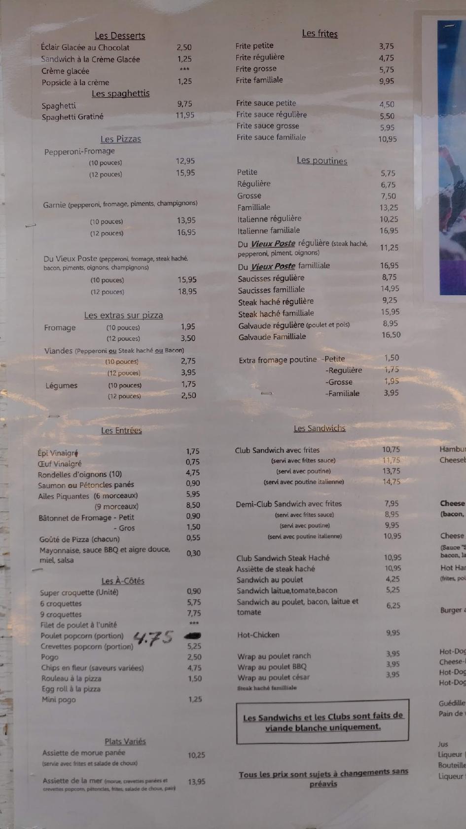 Menu au Casse-Croûte du Vieux Poste Enr restaurant, Sept-Iles