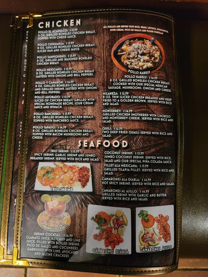 Menu at El Acapulco restaurant, Pocahontas, US-67