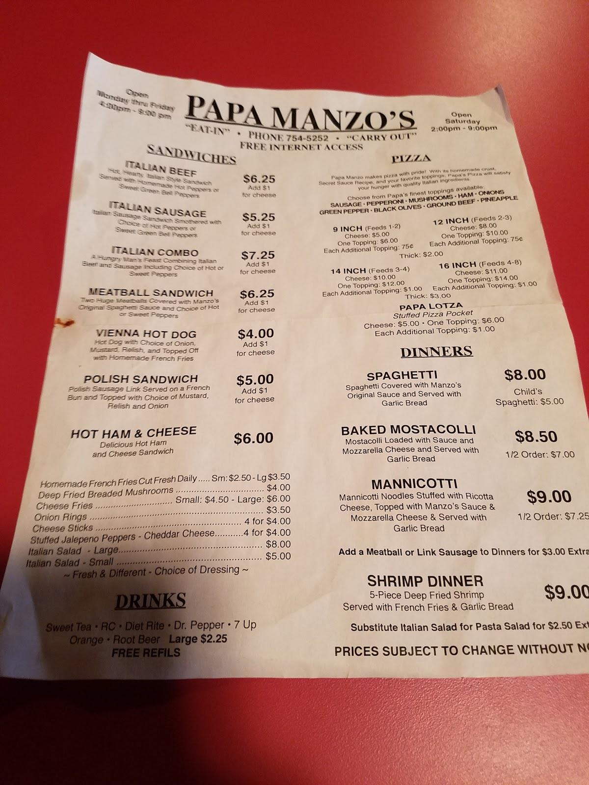 Menu at Papa Manzo's pizzeria, Central City
