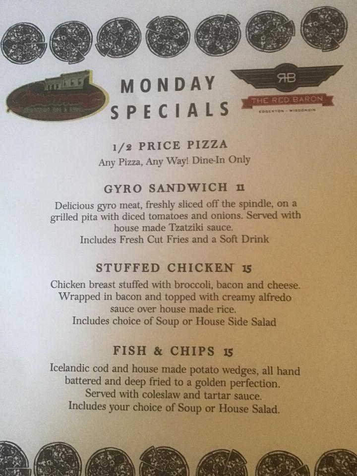 Menu at Red Baron Tavern, Edgerton