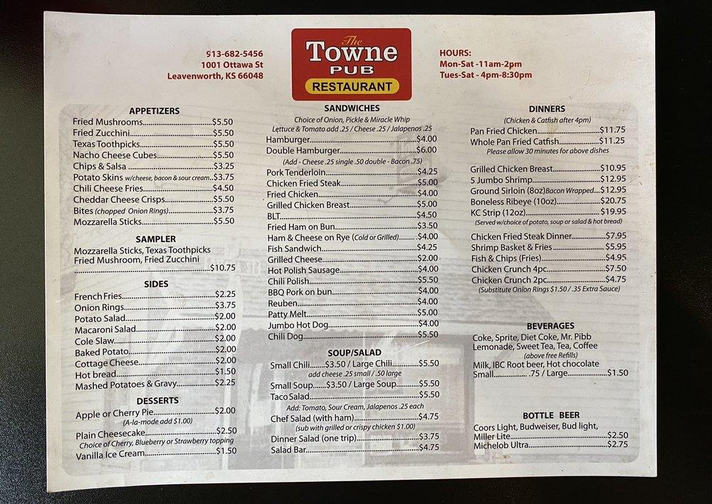 Menu at Towne Pub, Leavenworth