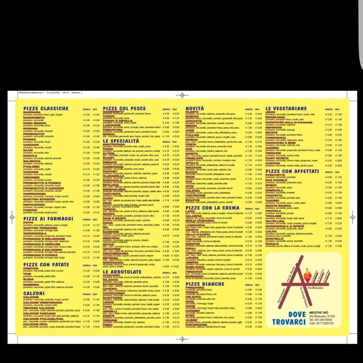 Menu da Apollo La Pizza ristorante, Venezia