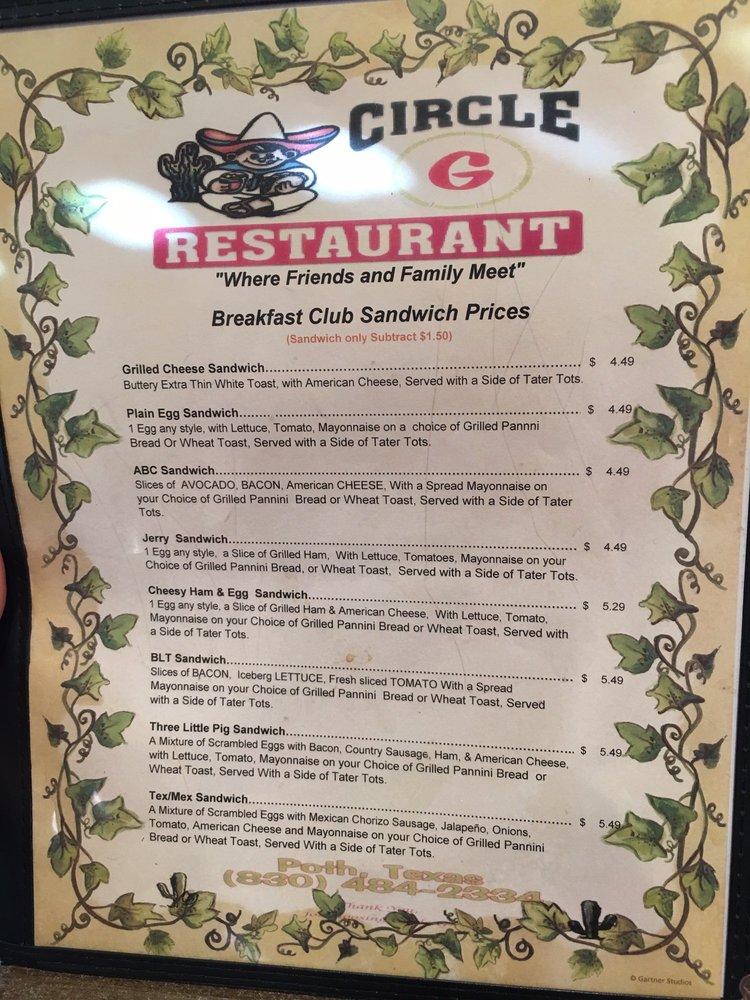 Menu at Circle G Restaurant, Poth