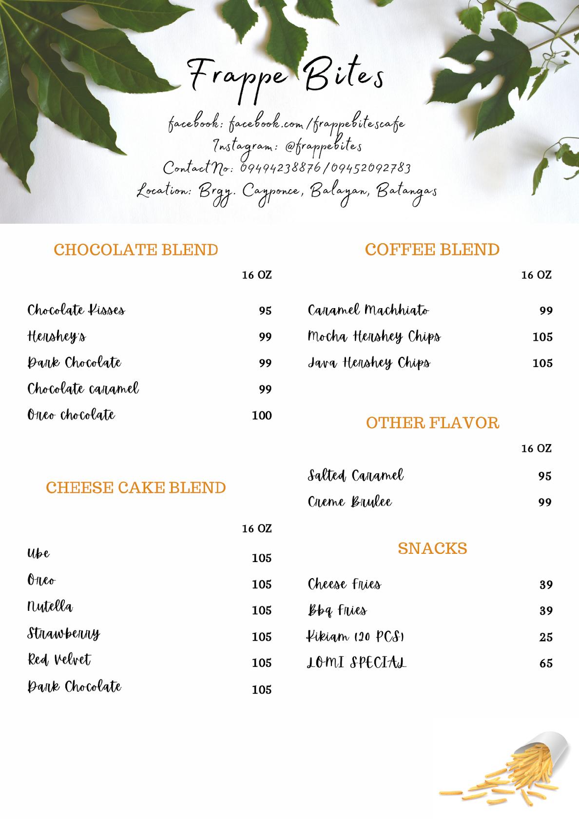 Menu at Frappe Bites Cafe, Balayan
