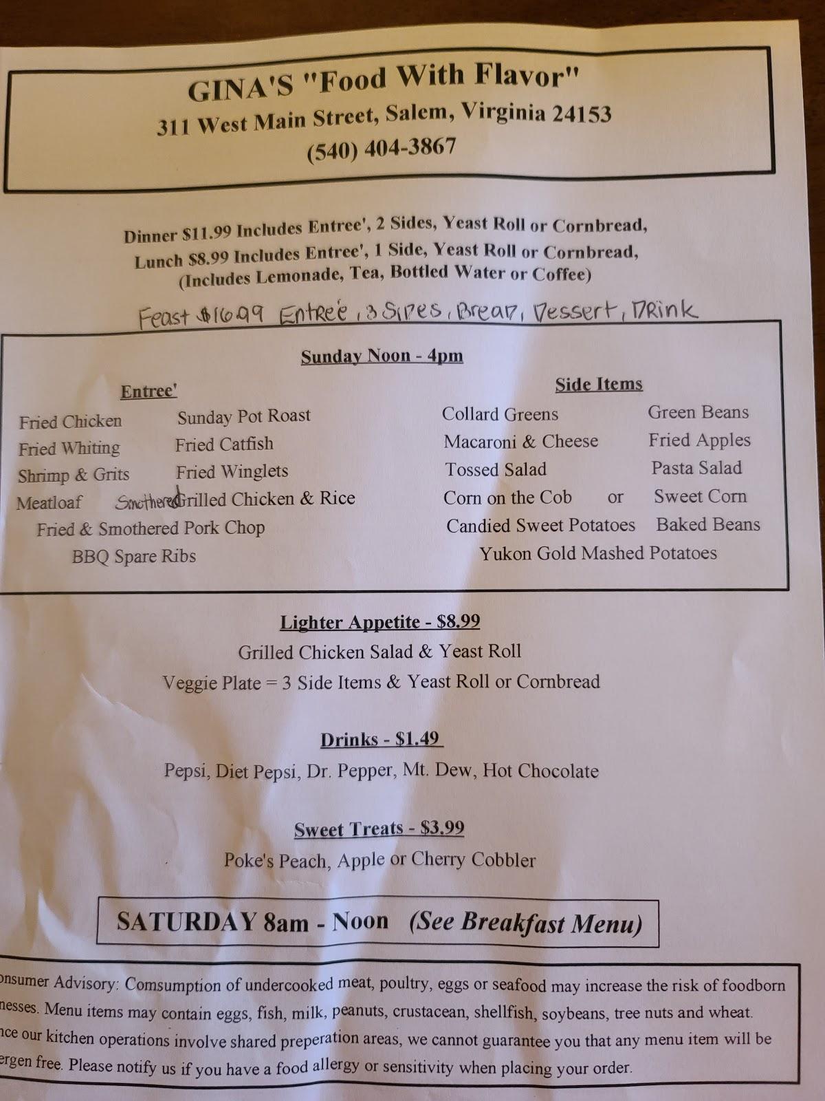 Menu at Gina’s “Food with Flavor” restaurant, Salem, 311 W Main St