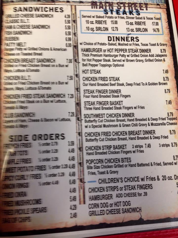 Menu at Main Street Cafe, Matador, Main St