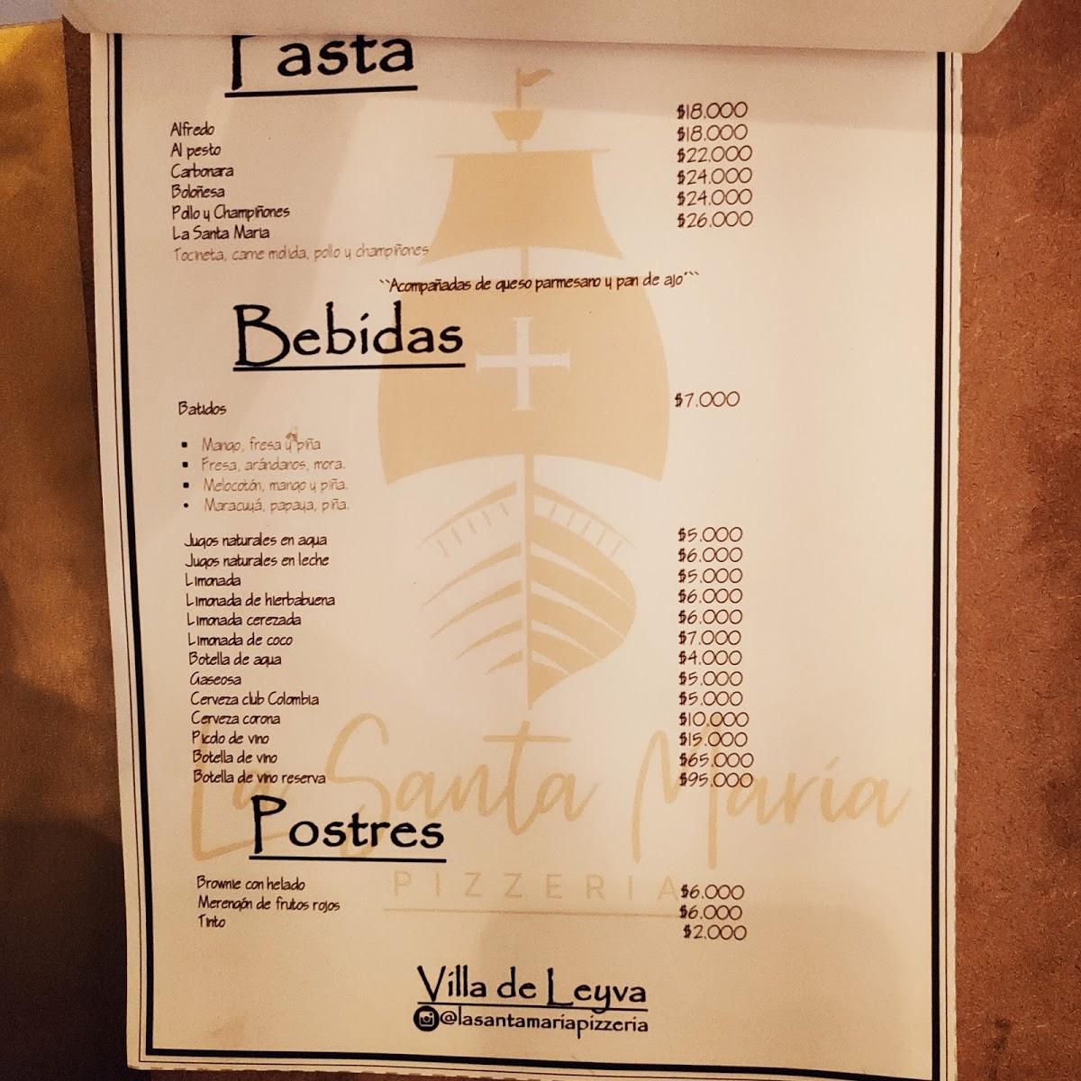 Menu at Pizzeria la santa maría, Villa de Leyva