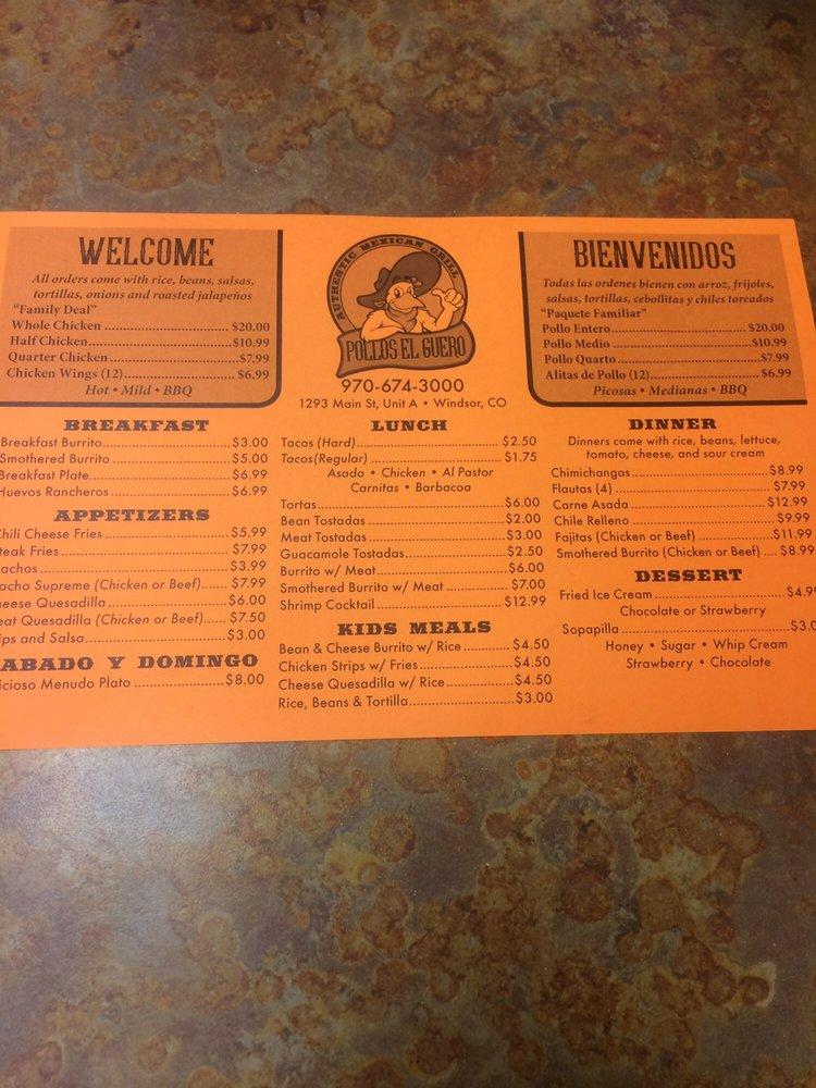 Menu at Pollos El Guero restaurant, Windsor