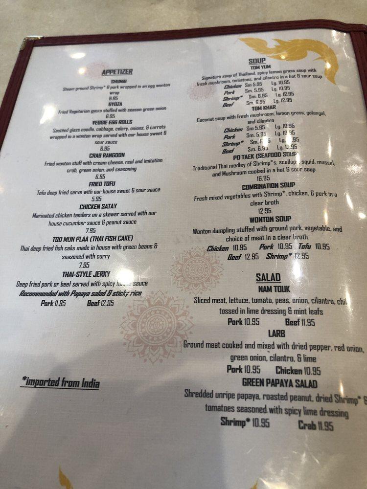 Menu at Secret Thai Restaurant, Chalmette