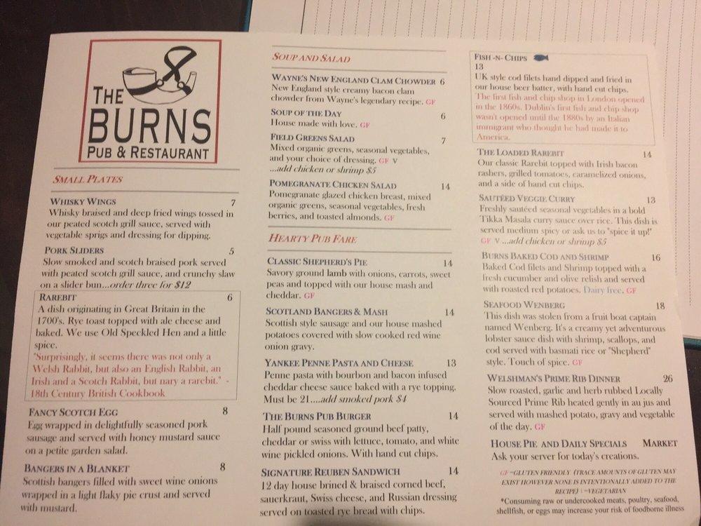 Menu at The Burns Pub & Restaurant, Broomfield