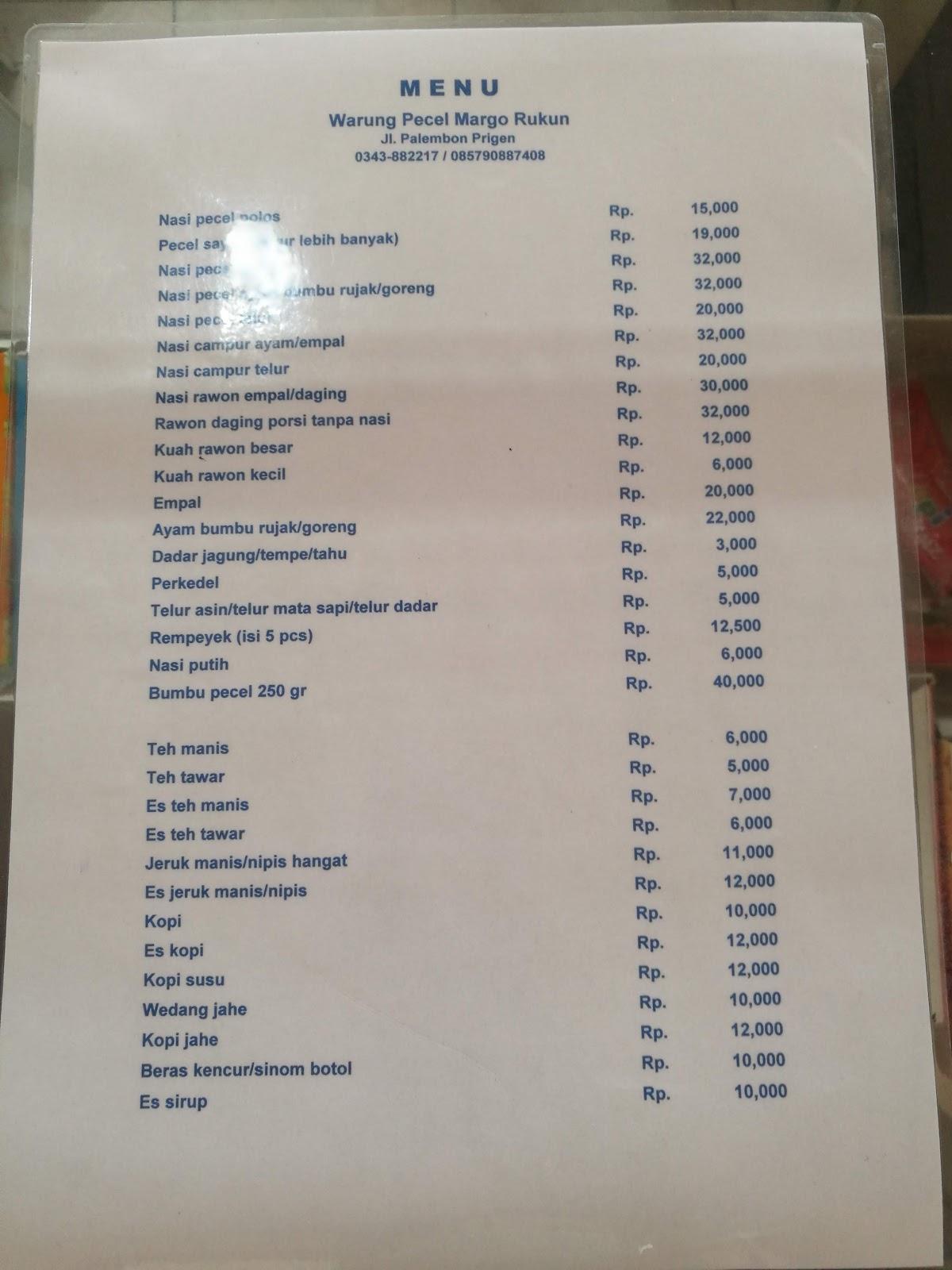 Menu at Warung Pecel Margo Rukun restaurant, Indonesia