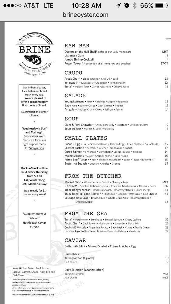 Menu at Brine Oyster • Crudo • Chops pub & bar, Newburyport