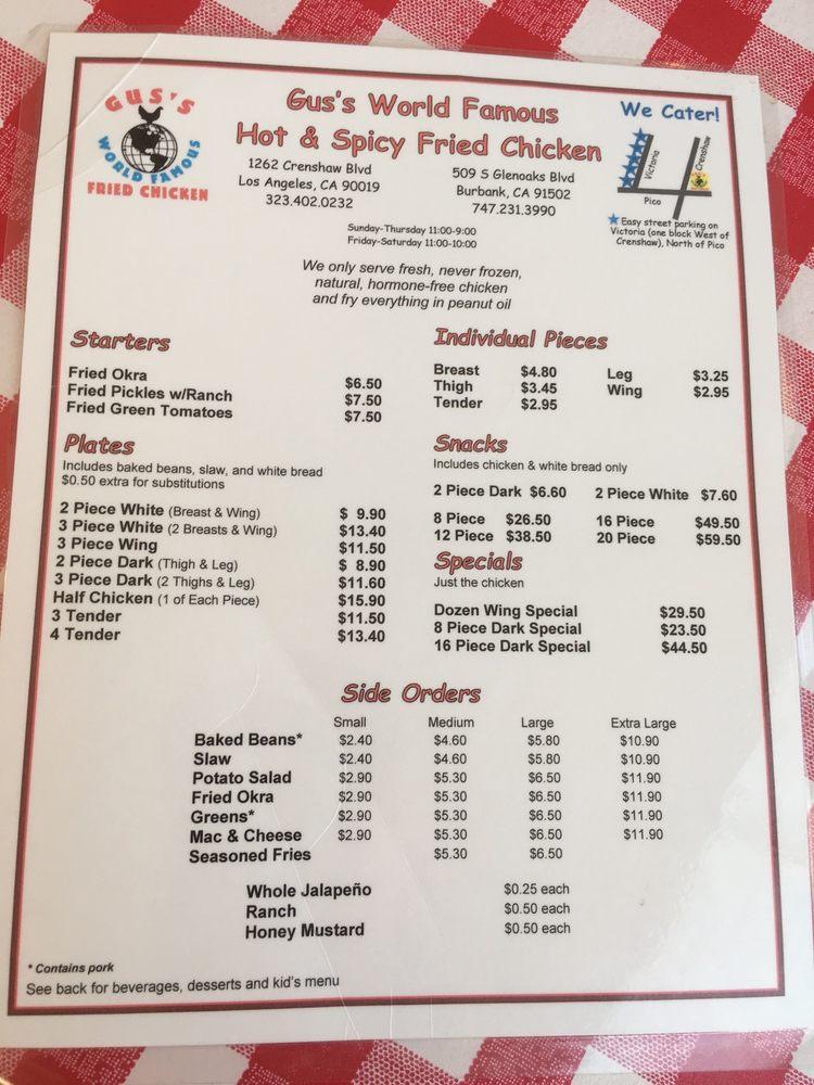 Menu at Gus’s World Famous Fried Chicken restaurant, Los Angeles