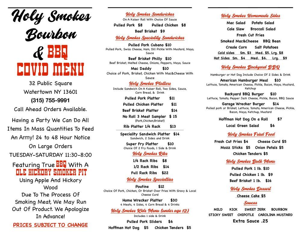 Menu at Holy Smokes Bourbon and BBQ, Watertown