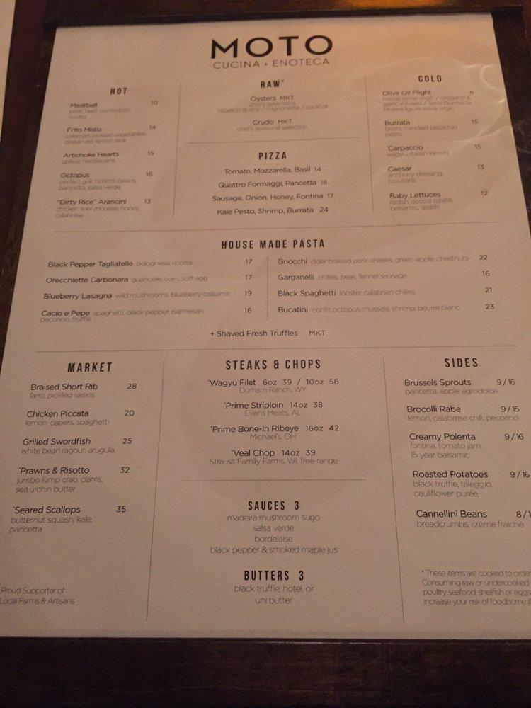 Menu at Moto restaurant, Nashville