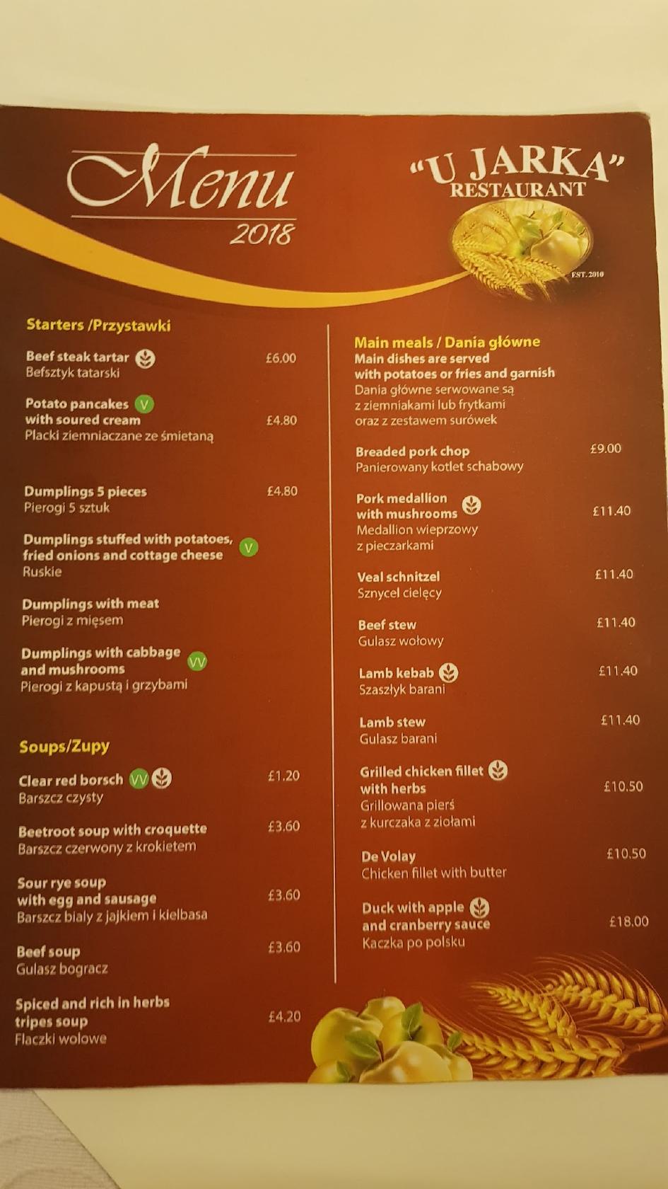 Menu at U Jarka restaurant, Glasgow