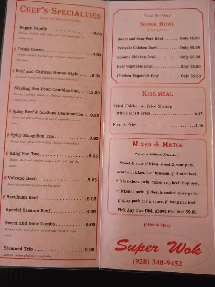 Menu at Super Wok restaurant, Safford