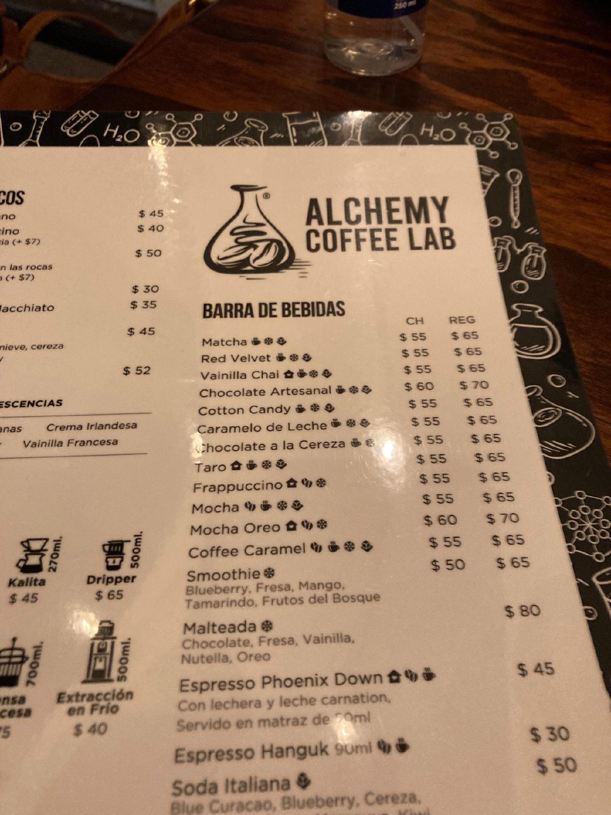 Carta de cafetería Alchemy Coffee Lab, Monterrey, Terranova 419
