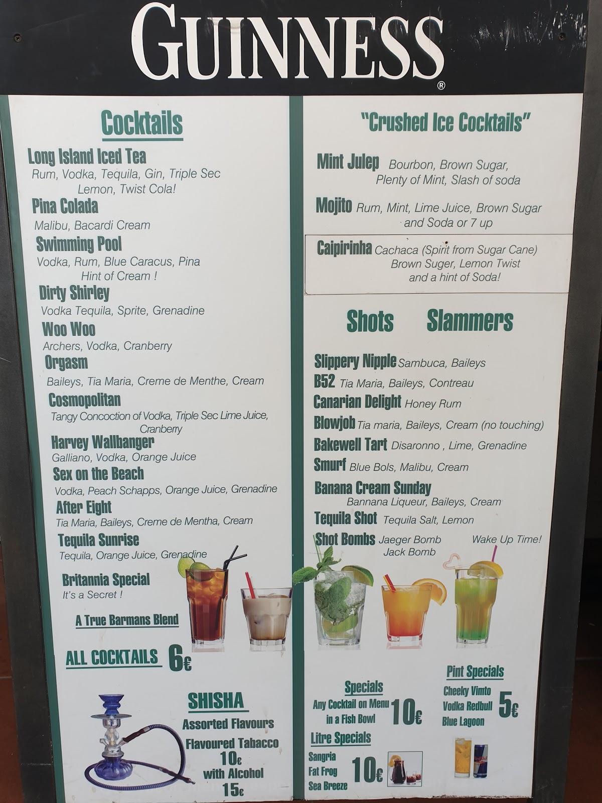 Menu at Britannia Inn - British family bar, Costa Adeje