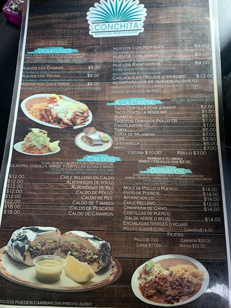 Menu at Conchita's Mexican Restaurant, Parlier