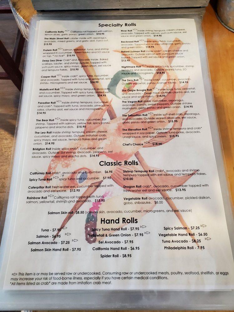 Menu at Elevation Sushi and Tacos restaurant, Bridgton