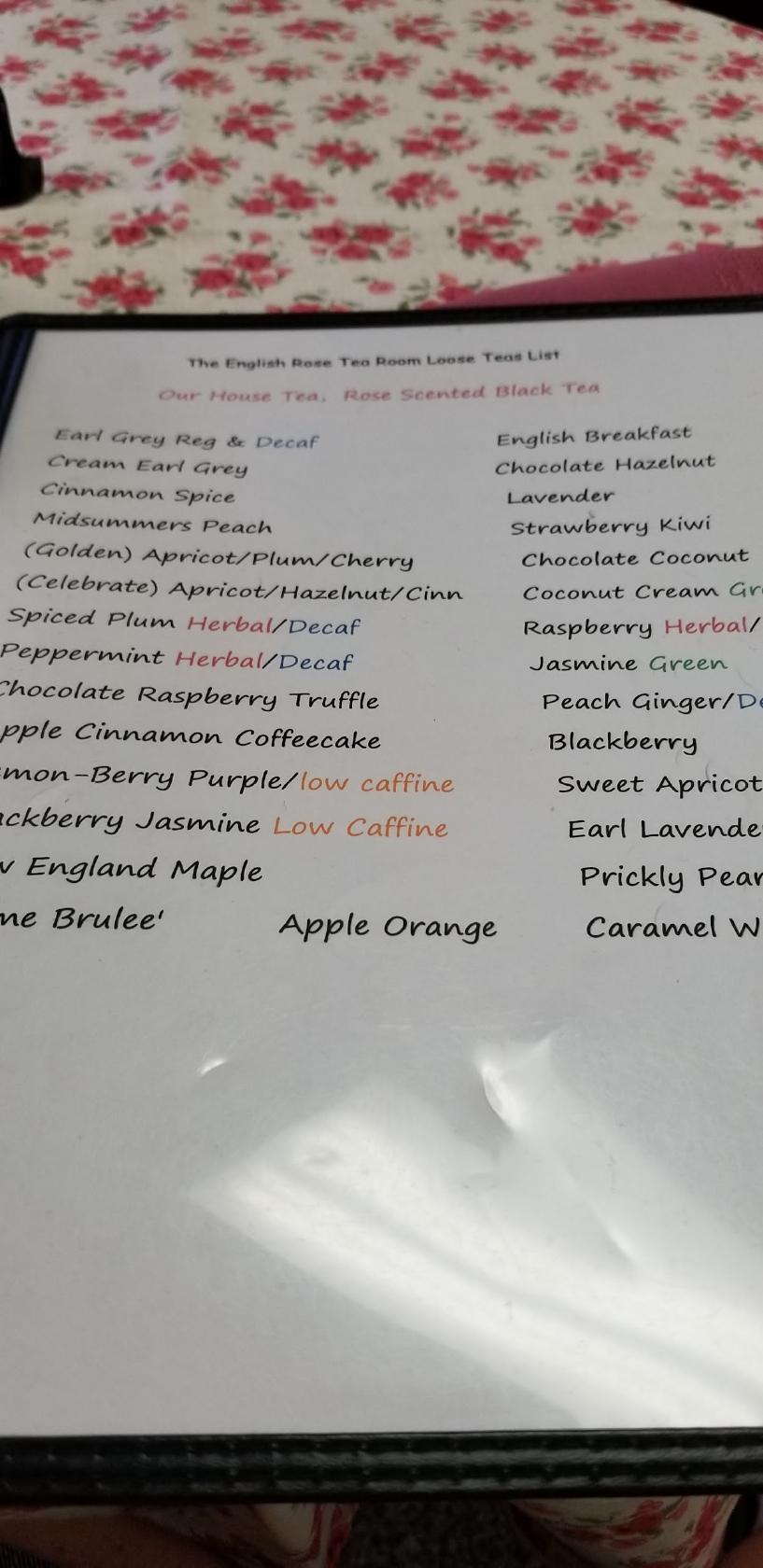 Menu at English Rose Tea Room cafe, Virginia Beach