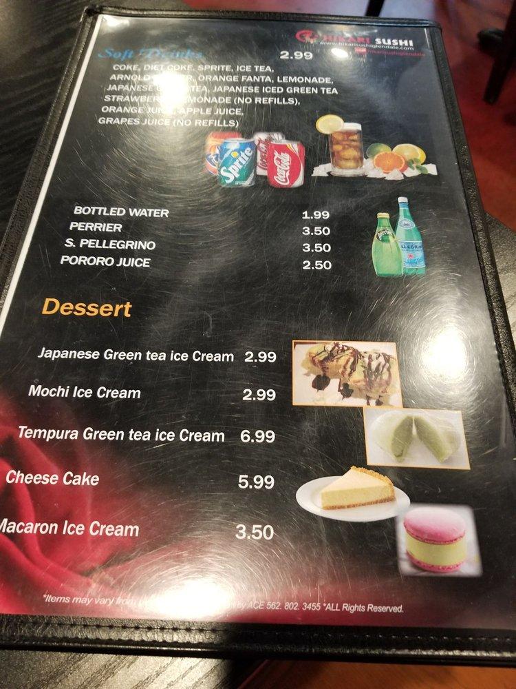 Menu at Hikari Sushi restaurant, Glendale