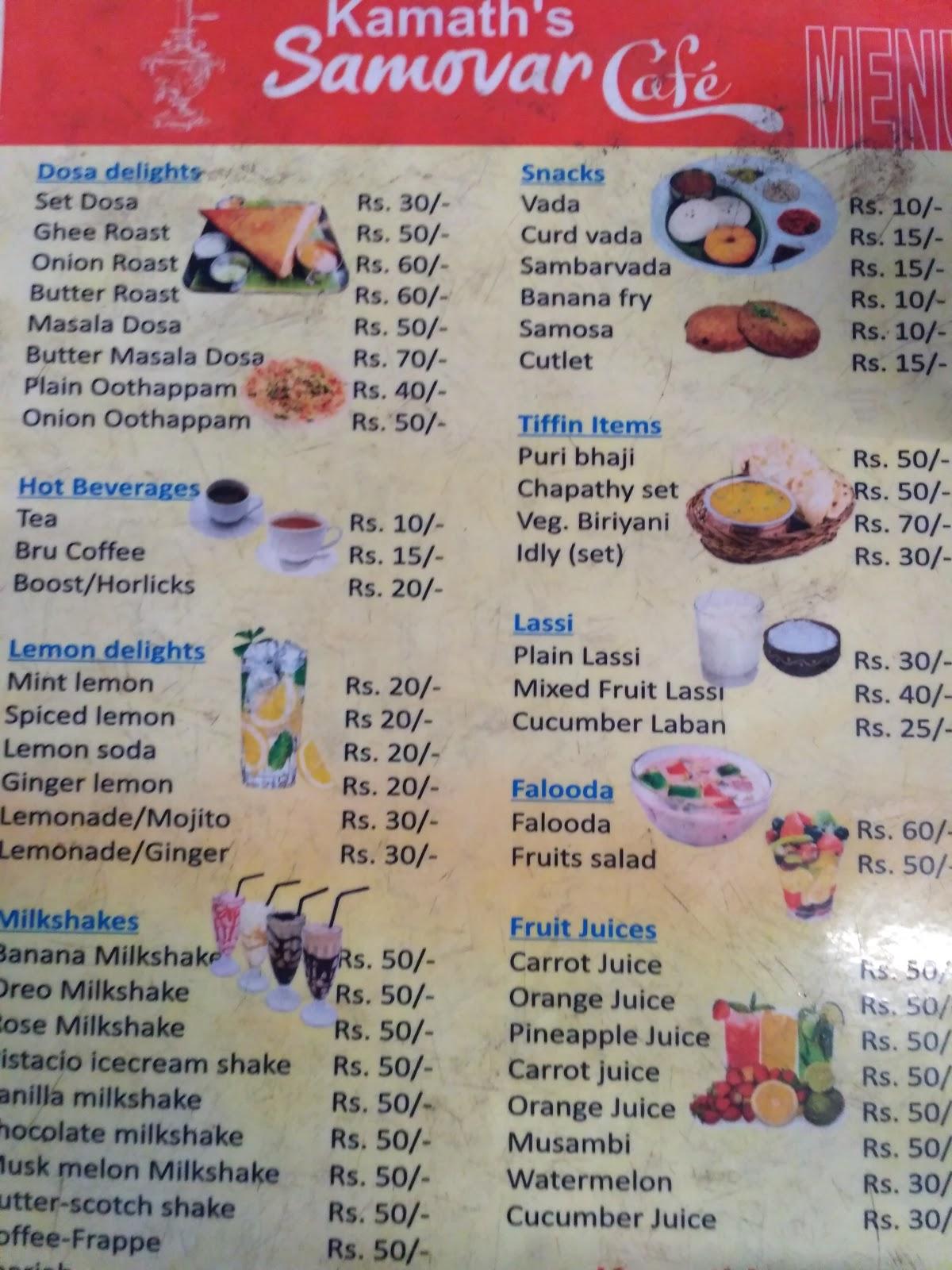 Menu at Kamath's Samovar cafe, Ernakulam
