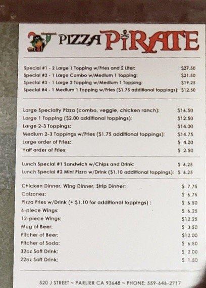 Menu at Pizza Pirate pizzeria, Parlier