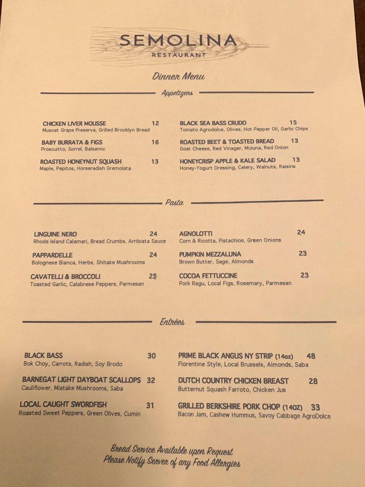 Menu at Semolina Restaurant, Red Bank