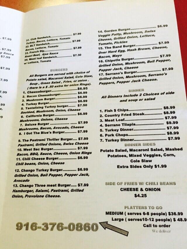 Menu at Serrano's Cafe, West Sacramento