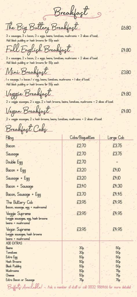 Menu at The Buttery cafe, Derby