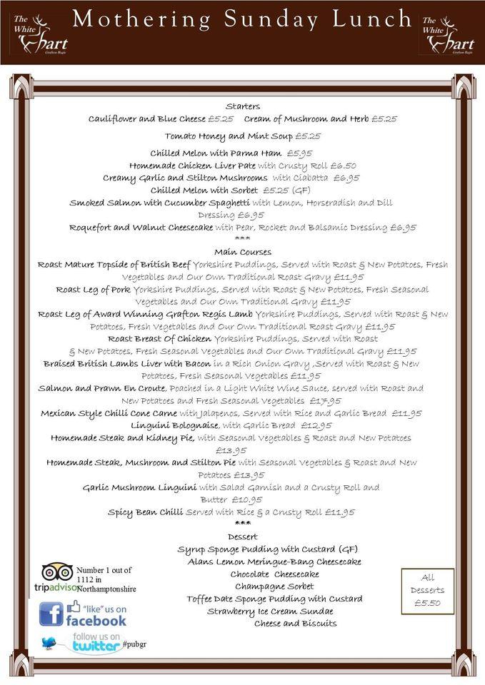 Menu at The White Hart pub & bar, Grafton Regis, Northampton Rd