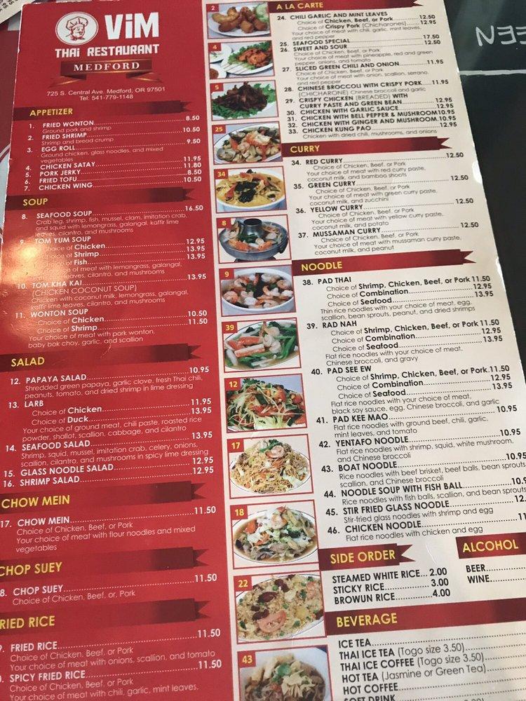 Menu at Vim Thai restaurant, Medford
