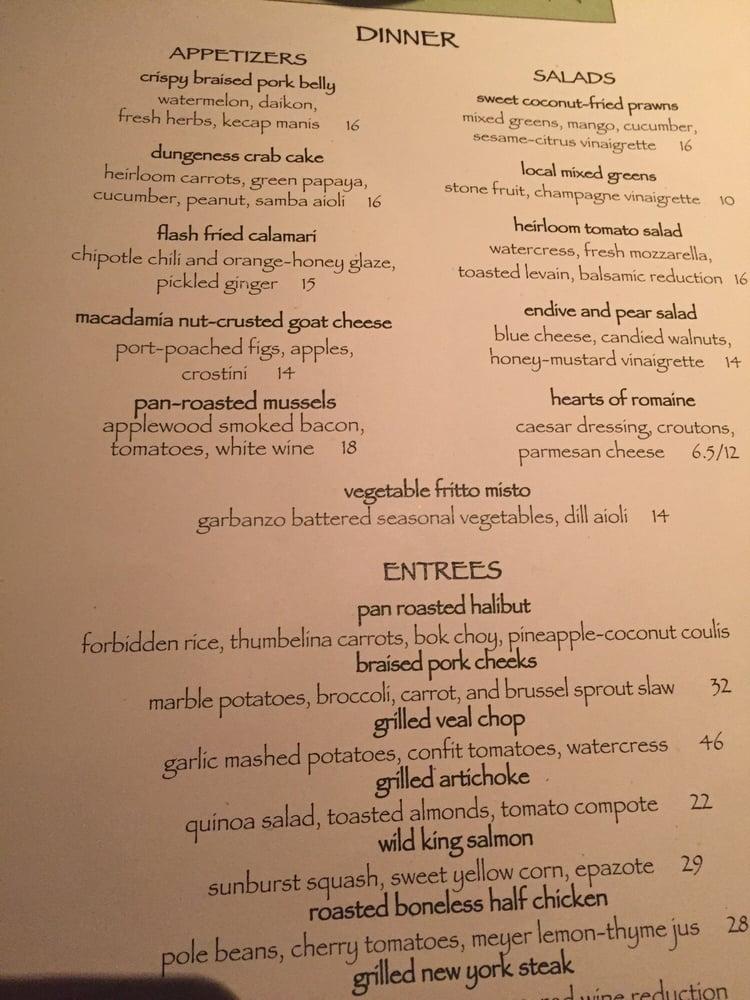 Menu at Celadon restaurant, Napa