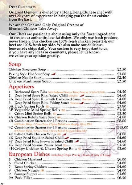 Menu at Elements Chinese Original restaurant, Belfast