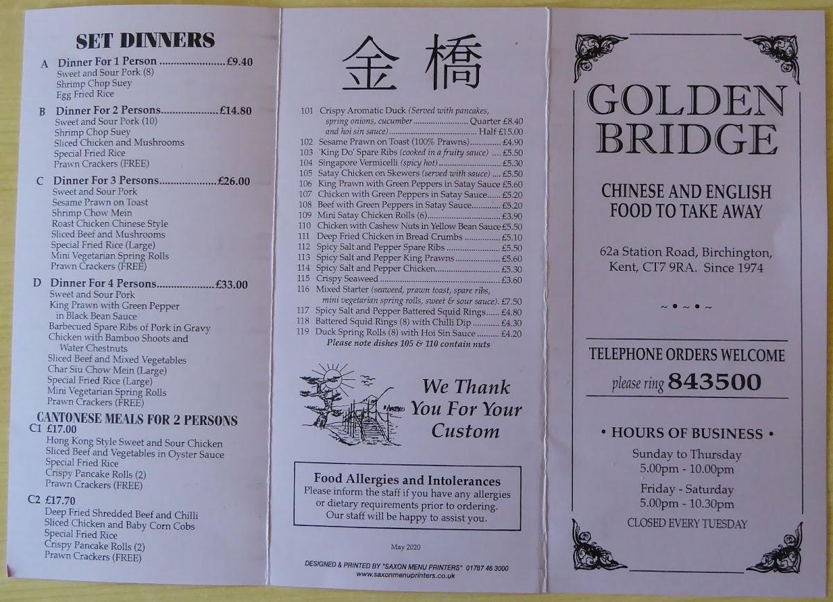 Menu at Golden Bridge fast food, Birchington-on-Sea