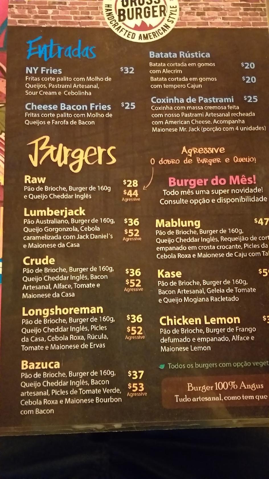 Menu at Gross Burger restaurant, Jundiaí