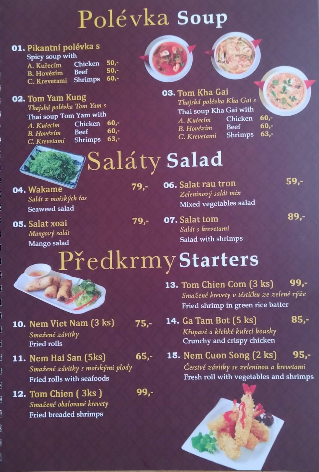 Menu at Phở Linh restaurant, Novy Jicin