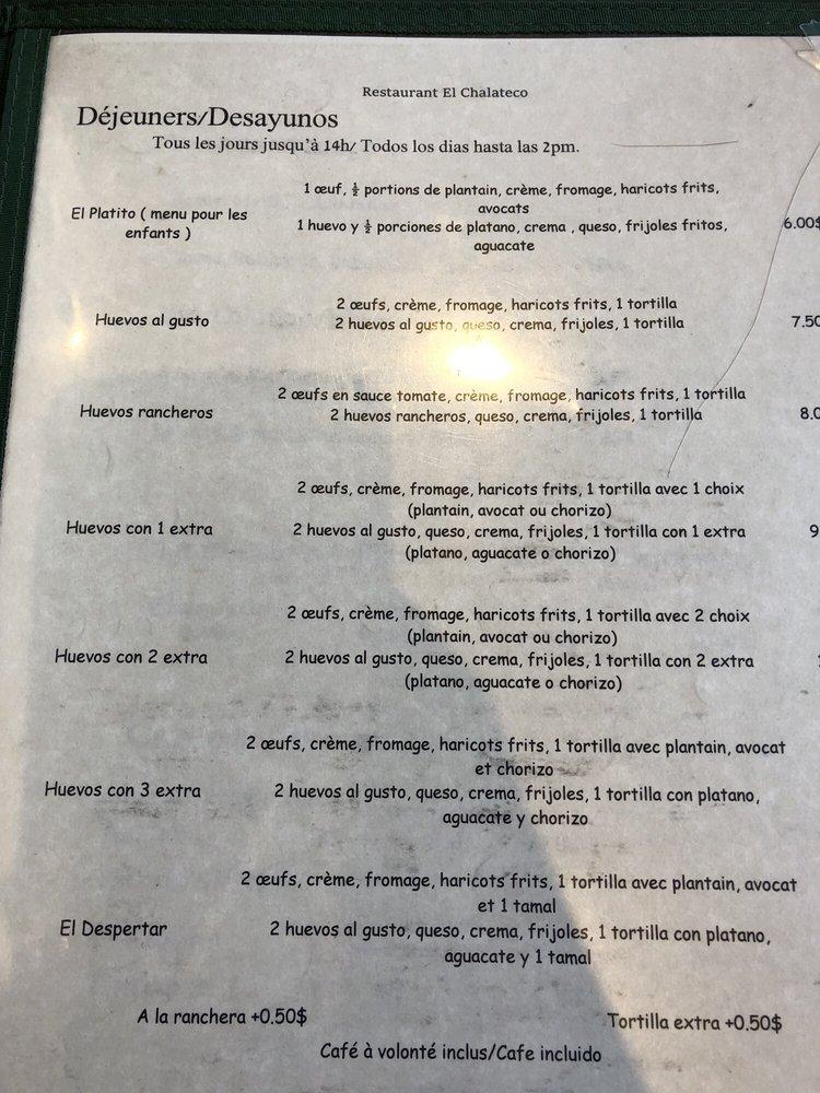 Menu at Restaurant El Chalateco, Montréal