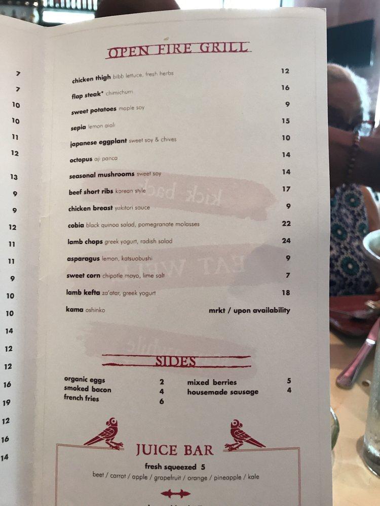 Menu at Sugarcane restaurant, Miami