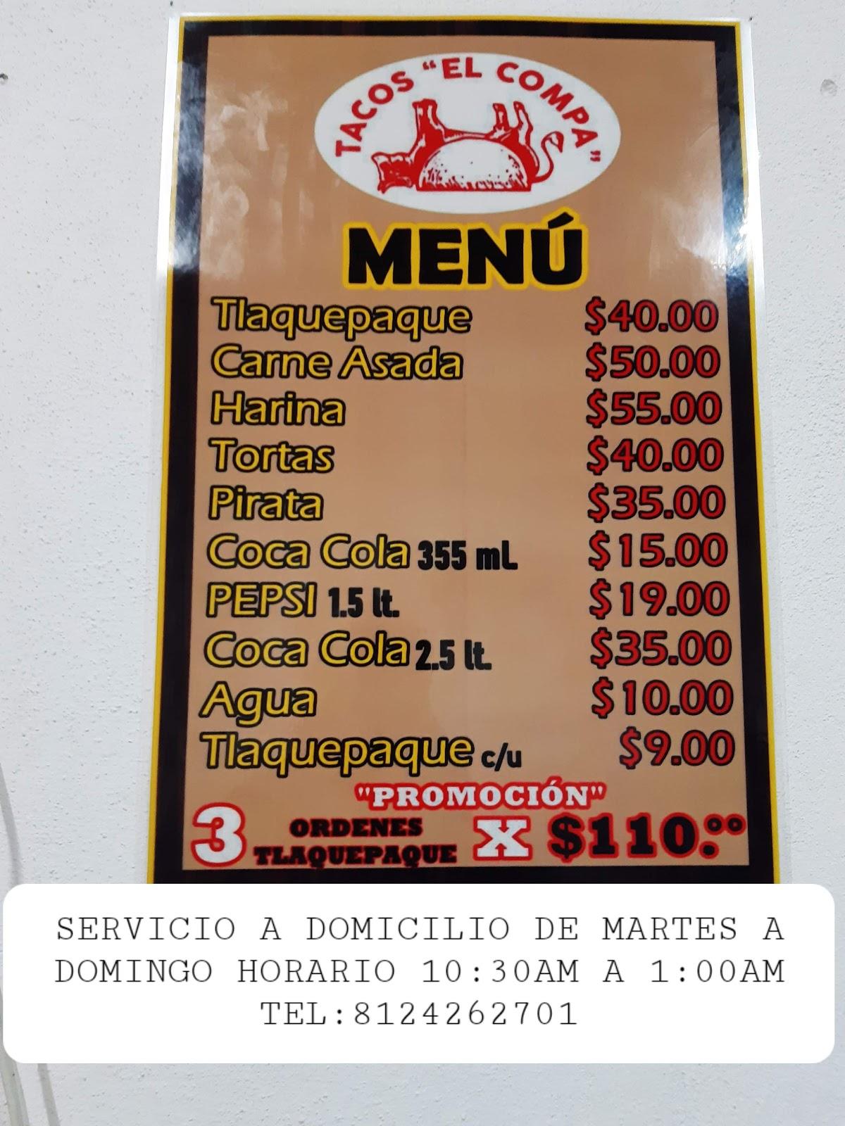 Menu at TACOS "El COMPA" restaurant, Ciudad Apodaca